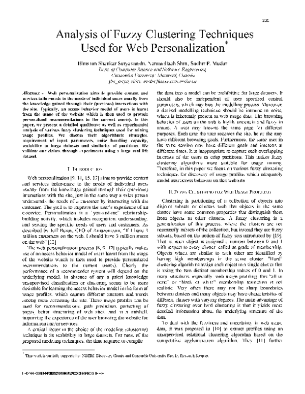 (PDF) Analysis of Fuzzy Clustering Techniques Used for Web Personalization (PDF) Analysis of Fuzzy Clustering Techniques Used for Web Personalization