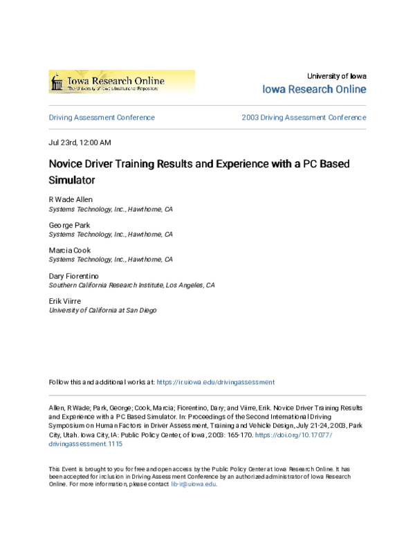 (PDF) Novice Driver Training Results and Experience with a PC Based ...