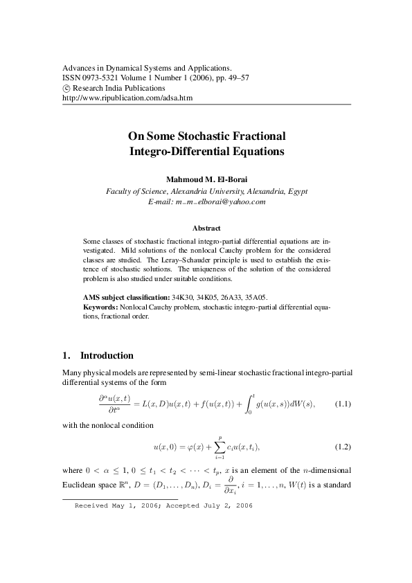 Pdf On Some Stochastic Fractional Integro Differential Equations