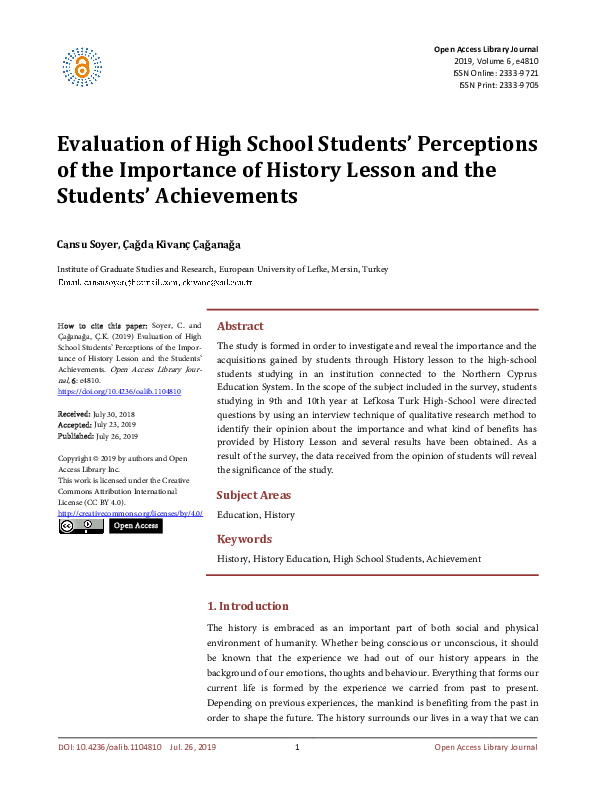 (PDF) Evaluation of High School Students’ Perceptions of the Importance ...