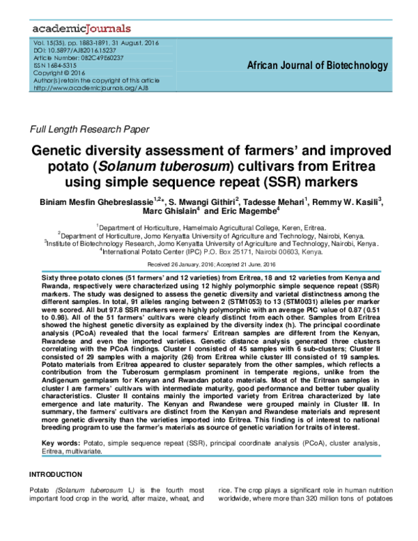 (PDF) Genetic diversity assessment of farmers and improved potato (Solanum tuberosum) cultivars ...