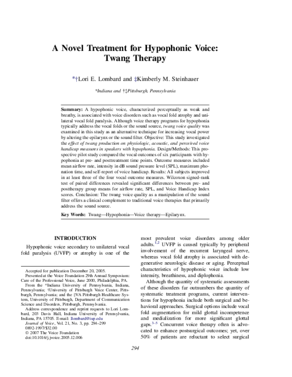 (PDF) A Novel Treatment for Hypophonic Voice: Twang Therapy