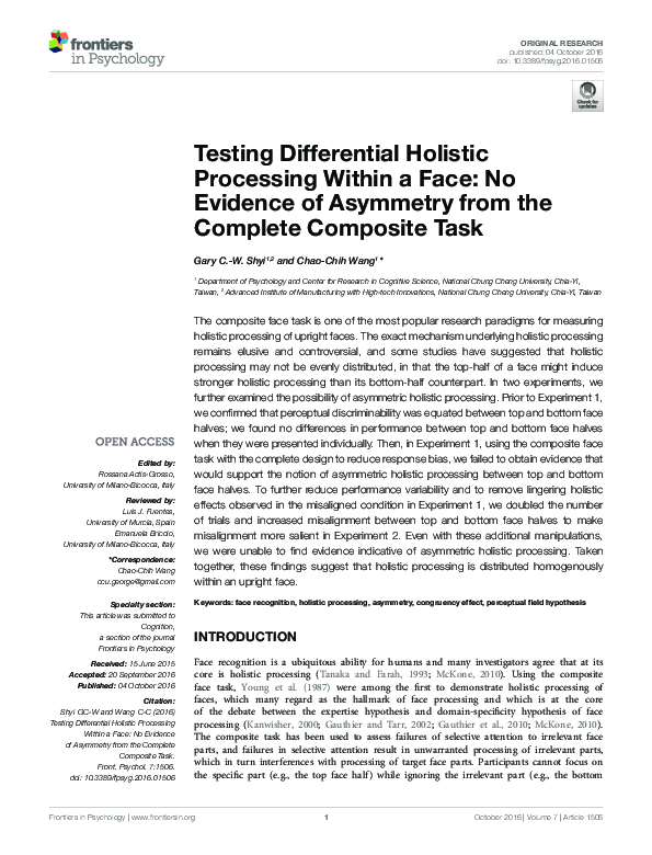 (PDF) Testing Differential Holistic Processing Within a Face: No ...