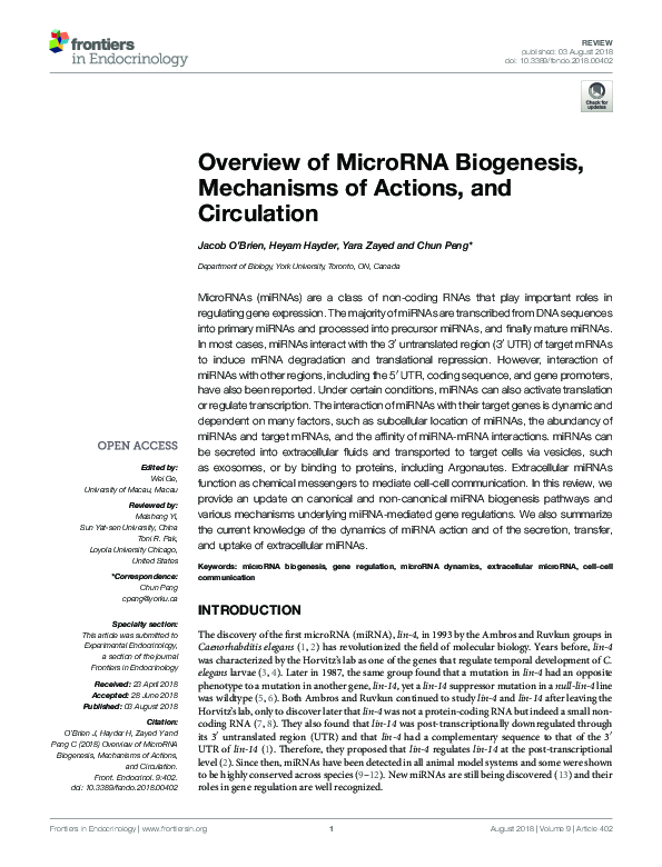 (PDF) Overview of MicroRNA Biogenesis, Mechanisms of Actions, and ...