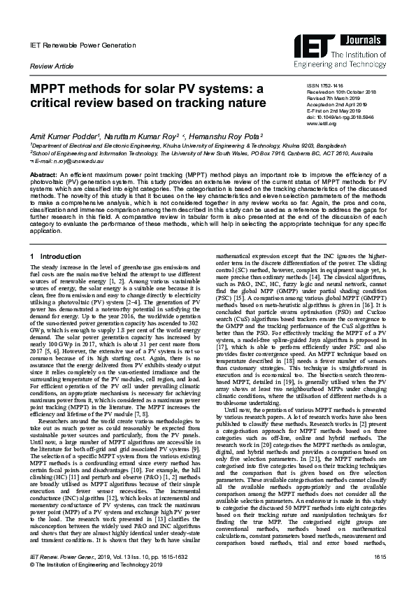 Pdf Mppt Methods For Solar Pv Systems A Critical Review Based On