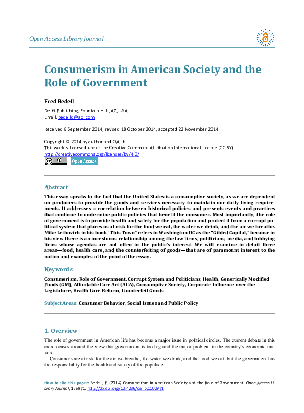 (PDF) Consumerism in American Society and the Role of Government