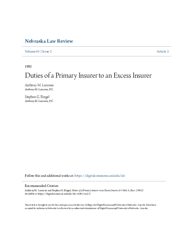 (PDF) Duties of a Primary Insurer to an Excess Insurer