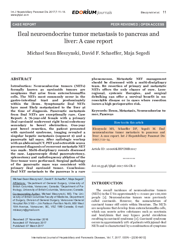 (PDF) Ileal neuroendocrine tumor metastasis to pancreas and liver: A ...