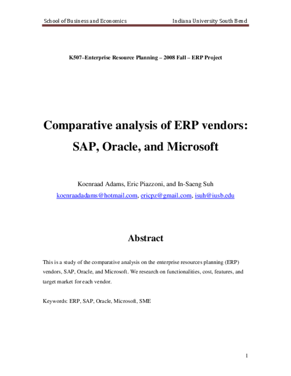 (PDF) Comparative analysis of ERP vendors: SAP, Oracle, and Microsoft