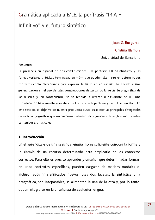 (PDF) Gramática aplicada a ELE: la perífrasis “ir a + infinitivo” y el ...