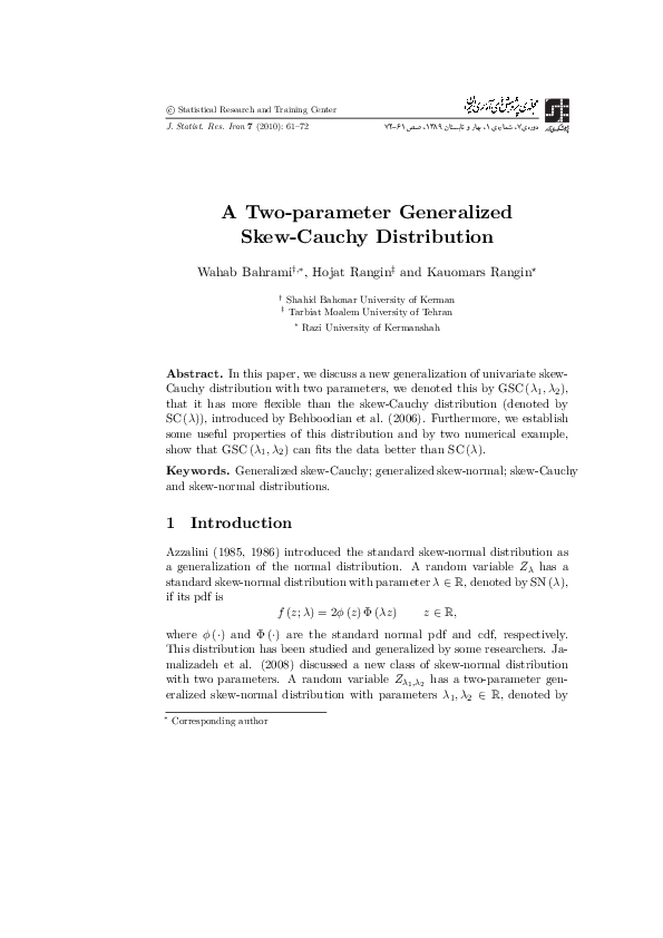 (PDF) A Two-parameter Generalized Skew-Cauchy Distribution