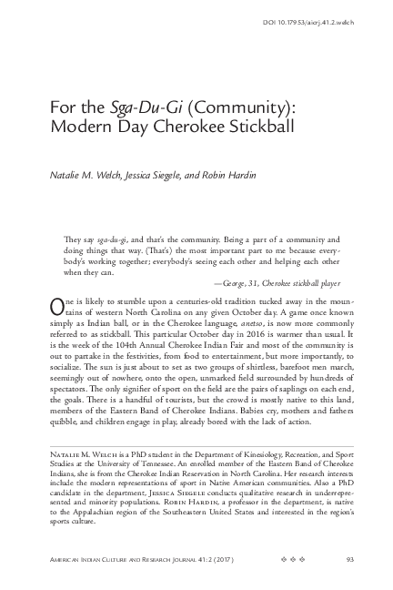 (PDF) For the Sga-Du-Gi (Community): Modern Day Cherokee Stickball
