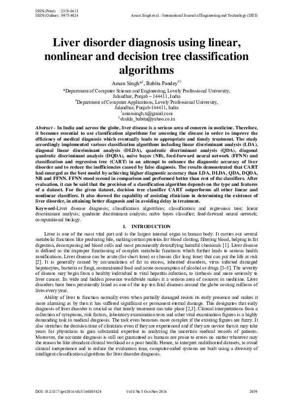 (PDF) Liver disorder diagnosis using linear, nonlinear and decision ... (PDF) Liver disorder diagnosis using linear, nonlinear and decision ...