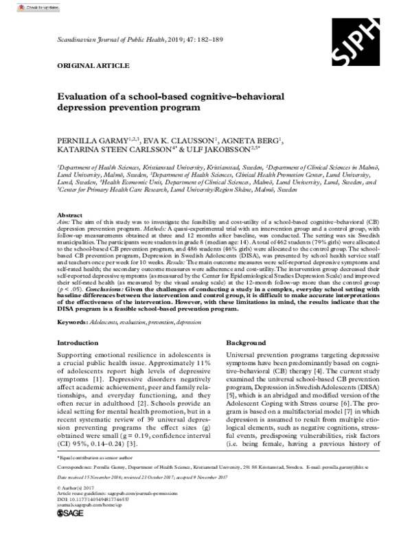 (PDF) Evaluation of a school-based cognitive-behavioral depression prevention program