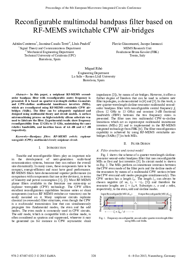 (PDF) Reconfigurable multimodal bandpass filter based on RF-MEMS switchable CPW air-bridges