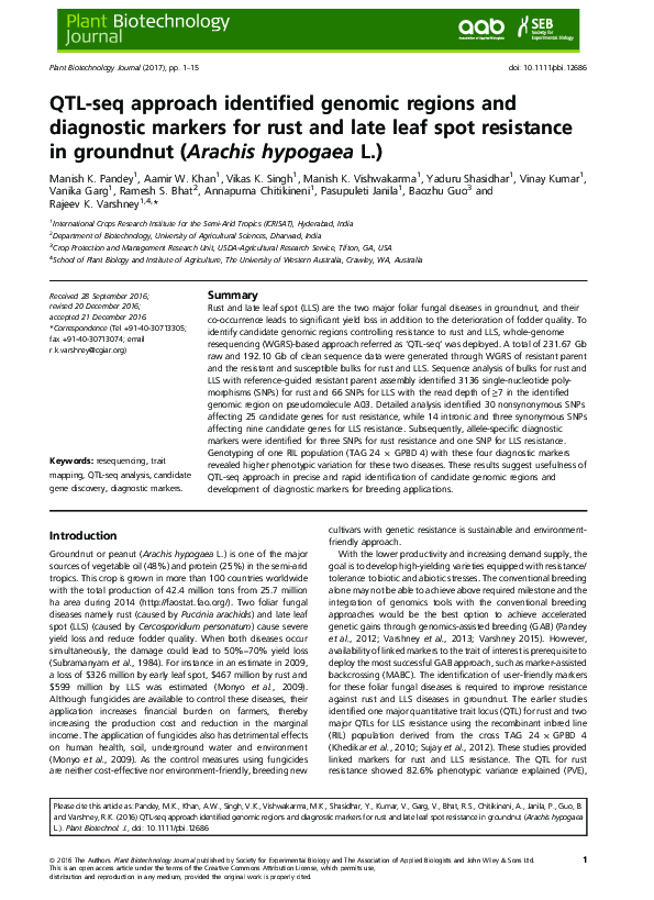(PDF) QTL-seq approach identified genomic regions and diagnostic markers for rust and late leaf ...