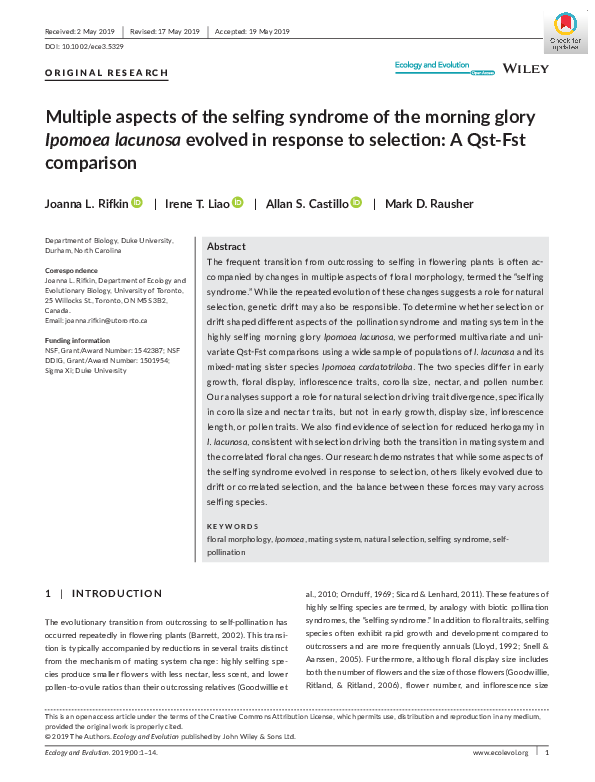 (PDF) Multiple aspects of the selfing syndrome of the morning glory ...