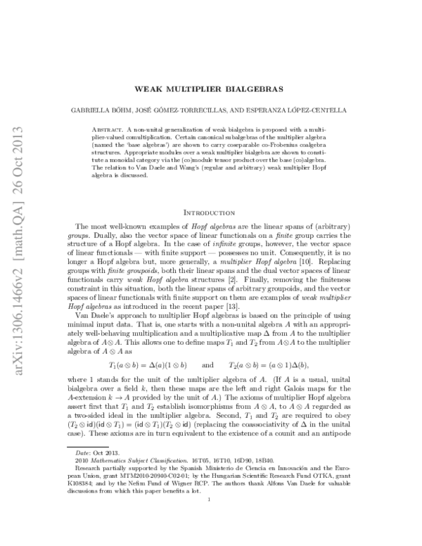(PDF) Weak multiplier bialgebras