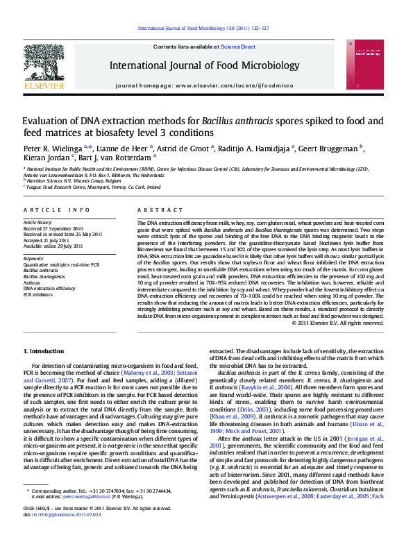 Pdf Evaluation Of Dna Extraction Methods For Bacillus Anthracis Spores Spiked To Food And Feed