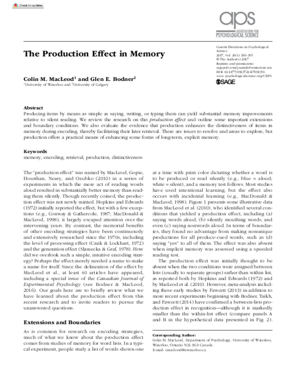 (PDF) The Production Effect in Memory