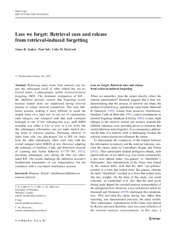 (PDF) Less we forget: Retrieval cues and release from retrieval-induced forgetting