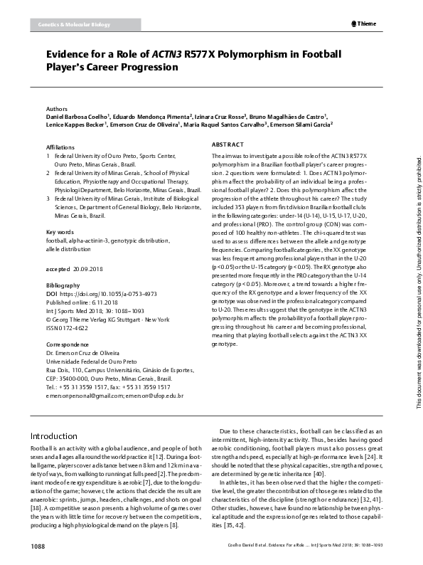 (PDF) Evidence for a Role of ACTN3 R577X Polymorphism in Football ...