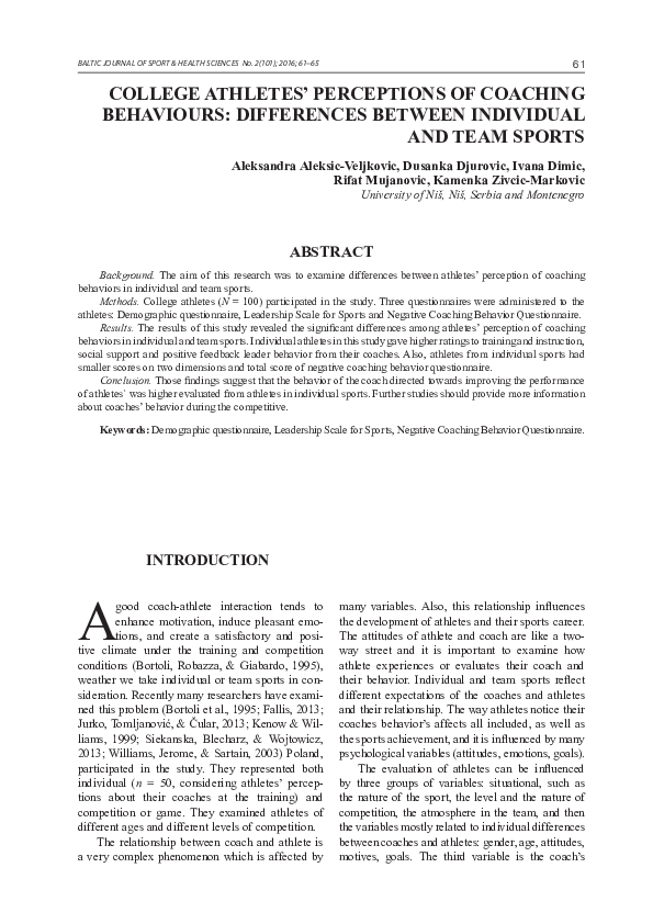 (PDF) College Athletes’ Perceptions of Coaching Behaviours: Differences ...