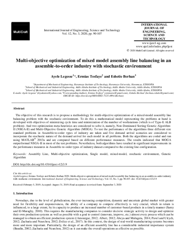 Pdf Multi Objective Optimization Of Mixed Model Assembly Line Balancing In An Assemble To