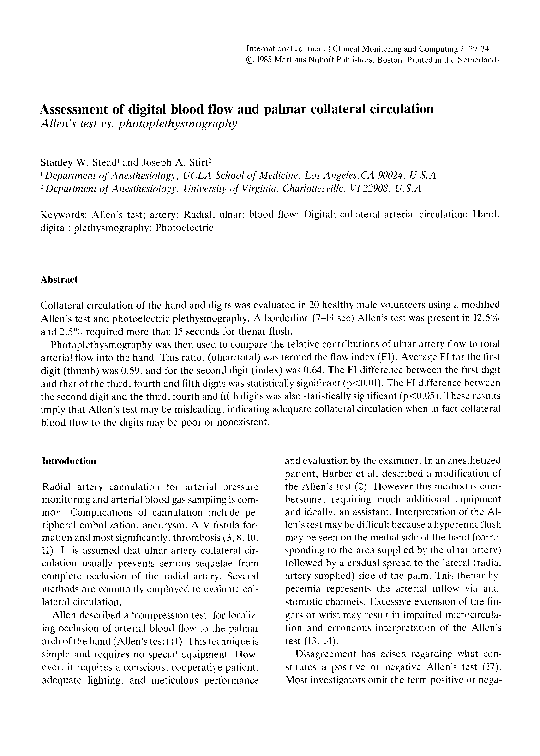 (PDF) Assessment of digital blood flow and palmar collateral circulation