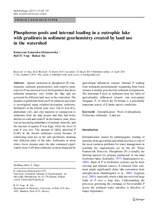 (PDF) Phosphorus pools and internal loading in a eutrophic lake with gradients in sediment ...