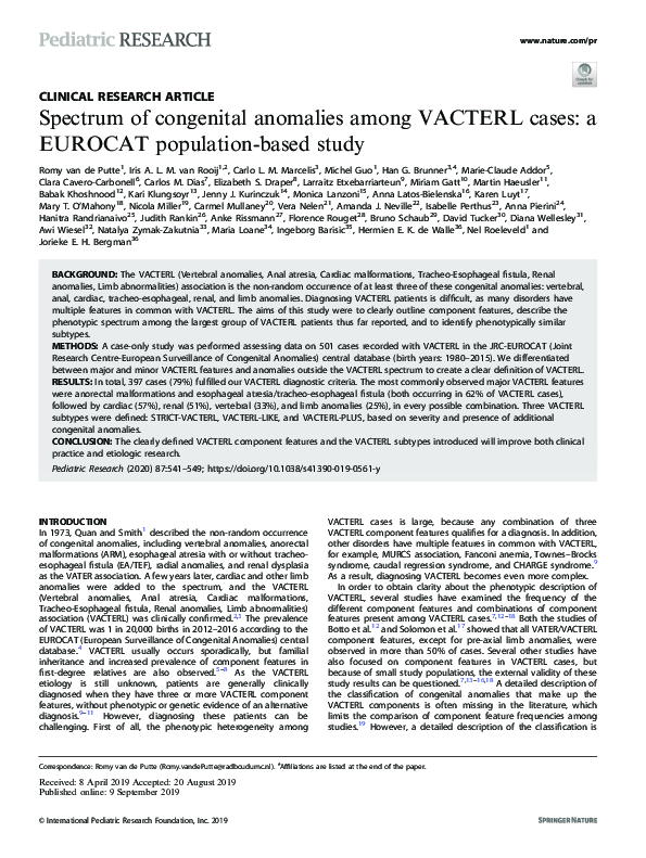 (PDF) Spectrum of congenital anomalies among VACTERL cases: a EUROCAT ...