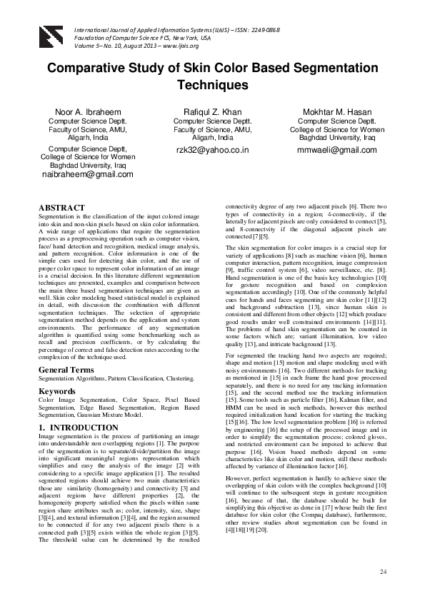(PDF) Comparative Study of Skin Color based Segmentation Techniques