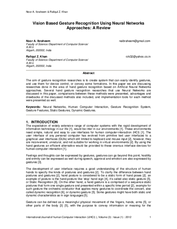 (PDF) Vision Based Gesture Recognition Using Neural Networks Approaches: A Review