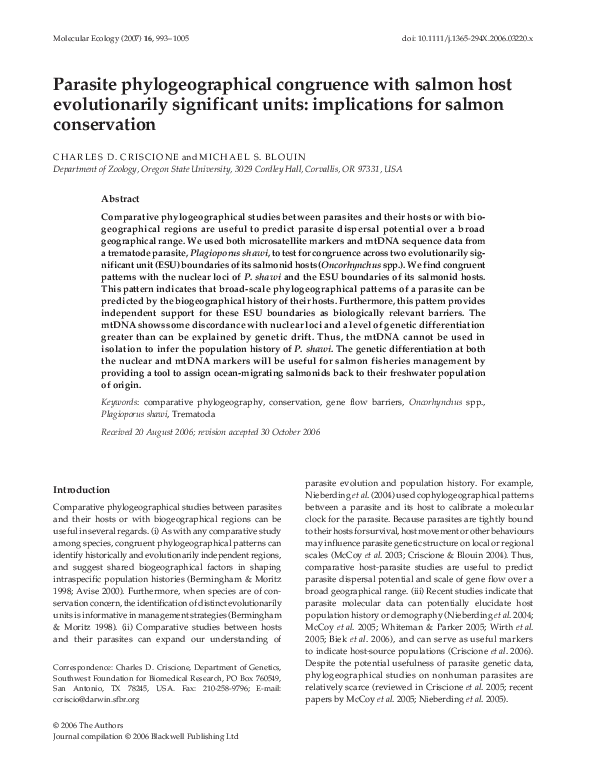 (PDF) Parasite phylogeographical congruence with salmon host ...