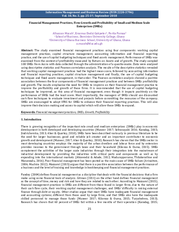 (PDF) Financial Management Practices, Firm Growth and Profitability of Small and Medium Scale ...