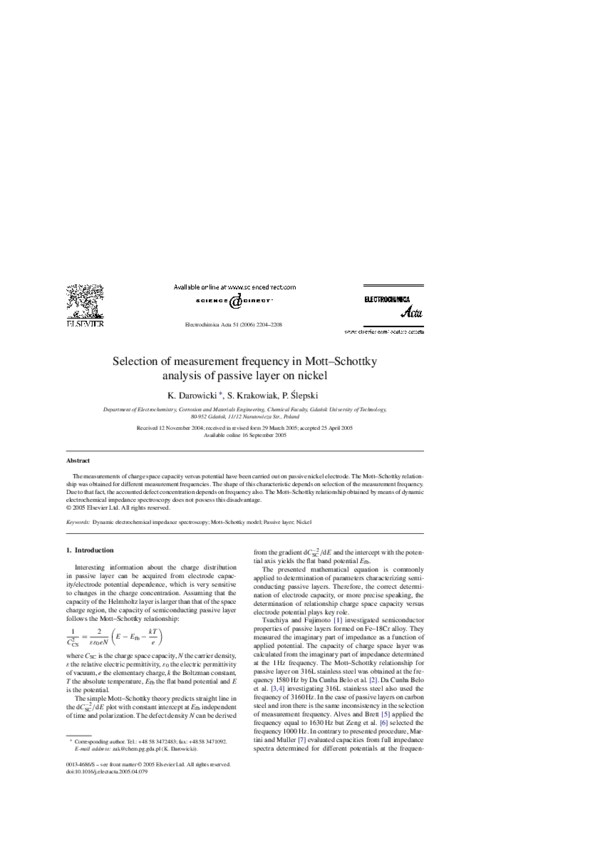 (PDF) Selection of measurement frequency in Mott–Schottky analysis of ...