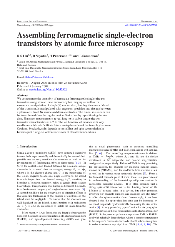 (PDF) Assembling Ferromagnetic Single-Electron Transistors with Atomic ...