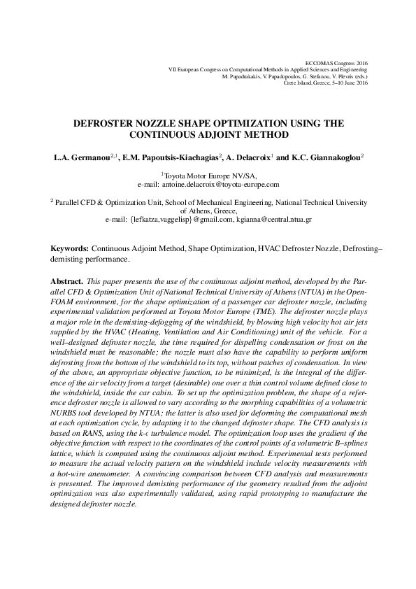 (PDF) Defroster Nozzle Shape Optimization Using the Continuous Adjoint ... (PDF) Defroster Nozzle Shape Optimization Using the Continuous Adjoint ...