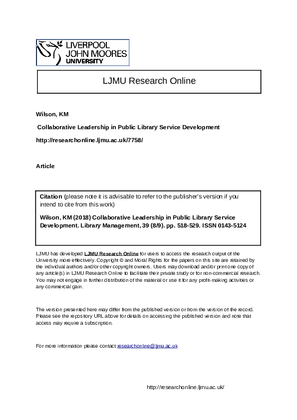 (PDF) Collaborative leadership in public library service development