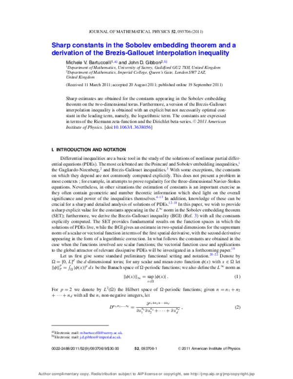 Pdf Sharp Constants In The Sobolev Embedding Theorem And A Derivation Of The Brezis Gallouet