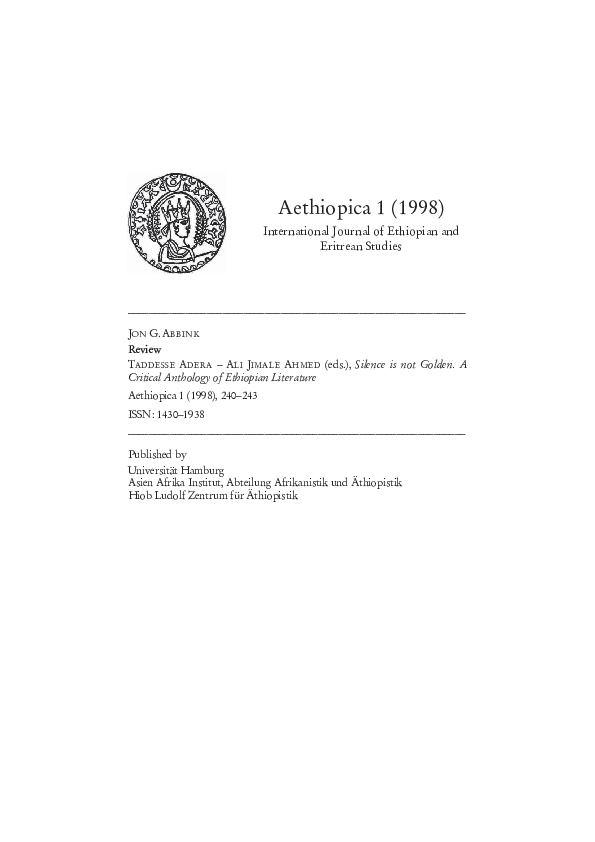 (PDF) Taddesse Adera - Ali Jimale Ahmed (eds.): Silence is not Golden ...