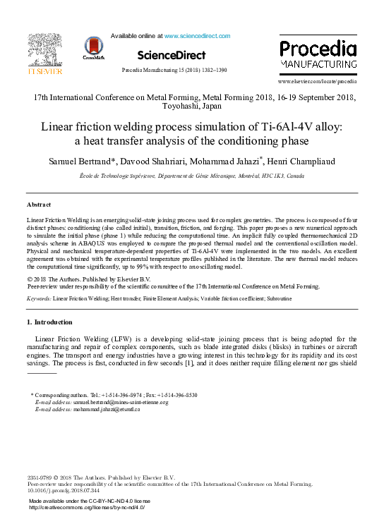 Pdf Linear Friction Welding Process Simulation Of Ti 6al 4v Alloy A Heat Transfer Analysis Of