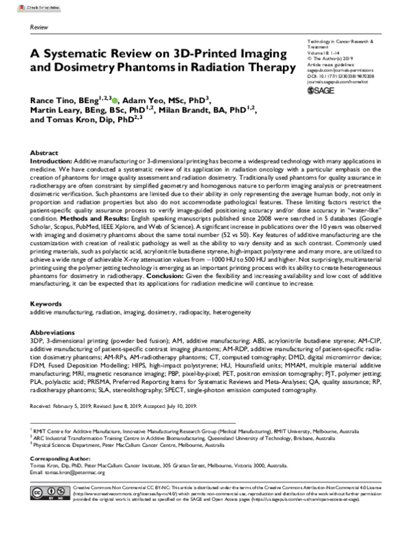 (PDF) A Systematic Review on 3D-Printed Imaging and Dosimetry Phantoms in Radiation Therapy