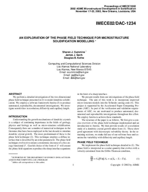Pdf An Exploration Of The Phase Field Technique For Microstructure Solidification Modeling
