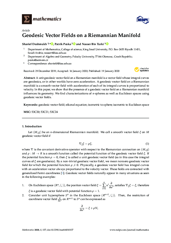 (PDF) Geodesic Vector Fields on a Riemannian Manifold