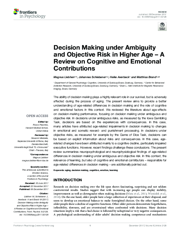 (PDF) Decision Making under Ambiguity and Objective Risk in Higher Age ...