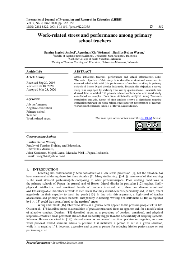 (PDF) Work-related stress and performance among primary school teachers