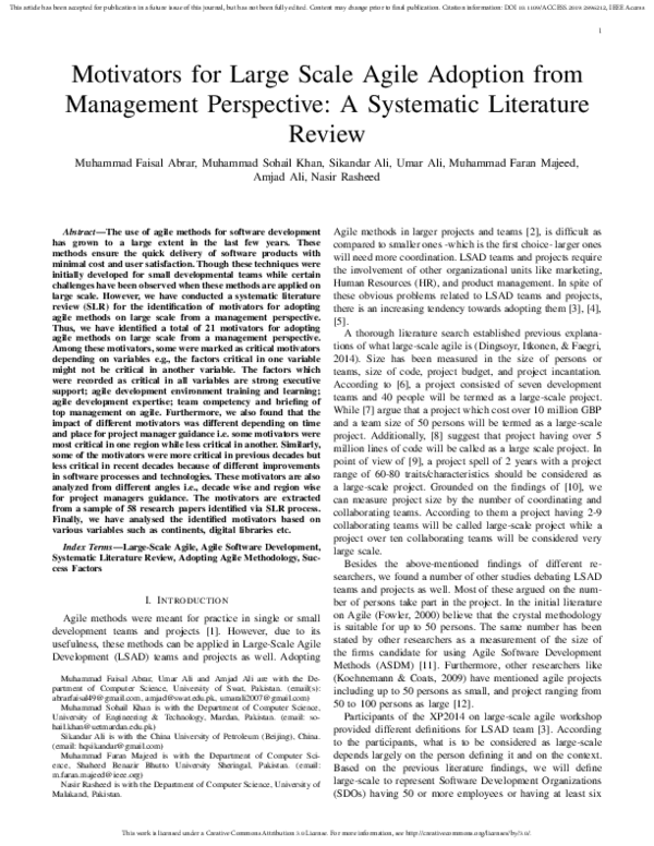(PDF) Motivators for Large Scale Agile Adoption from Management Perspective: A Systematic ...