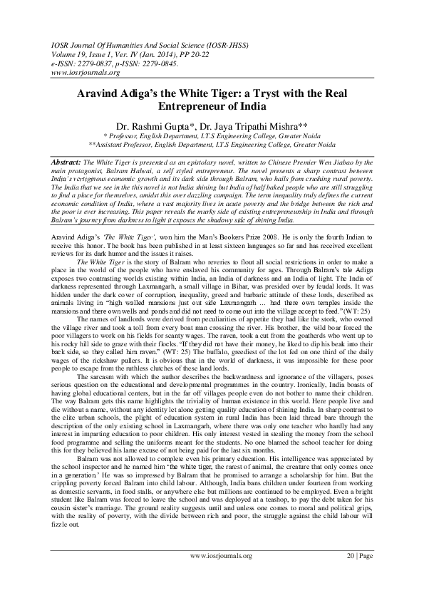(PDF) Aravind Adiga’s the White Tiger: a Tryst with the Real ...
