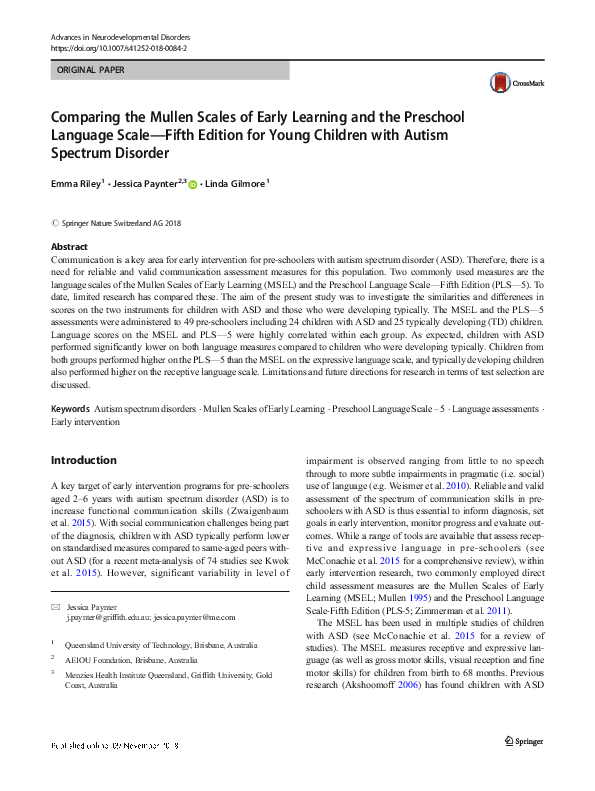 (PDF) Comparing the Mullen Scales of Early Learning and the Preschool ...